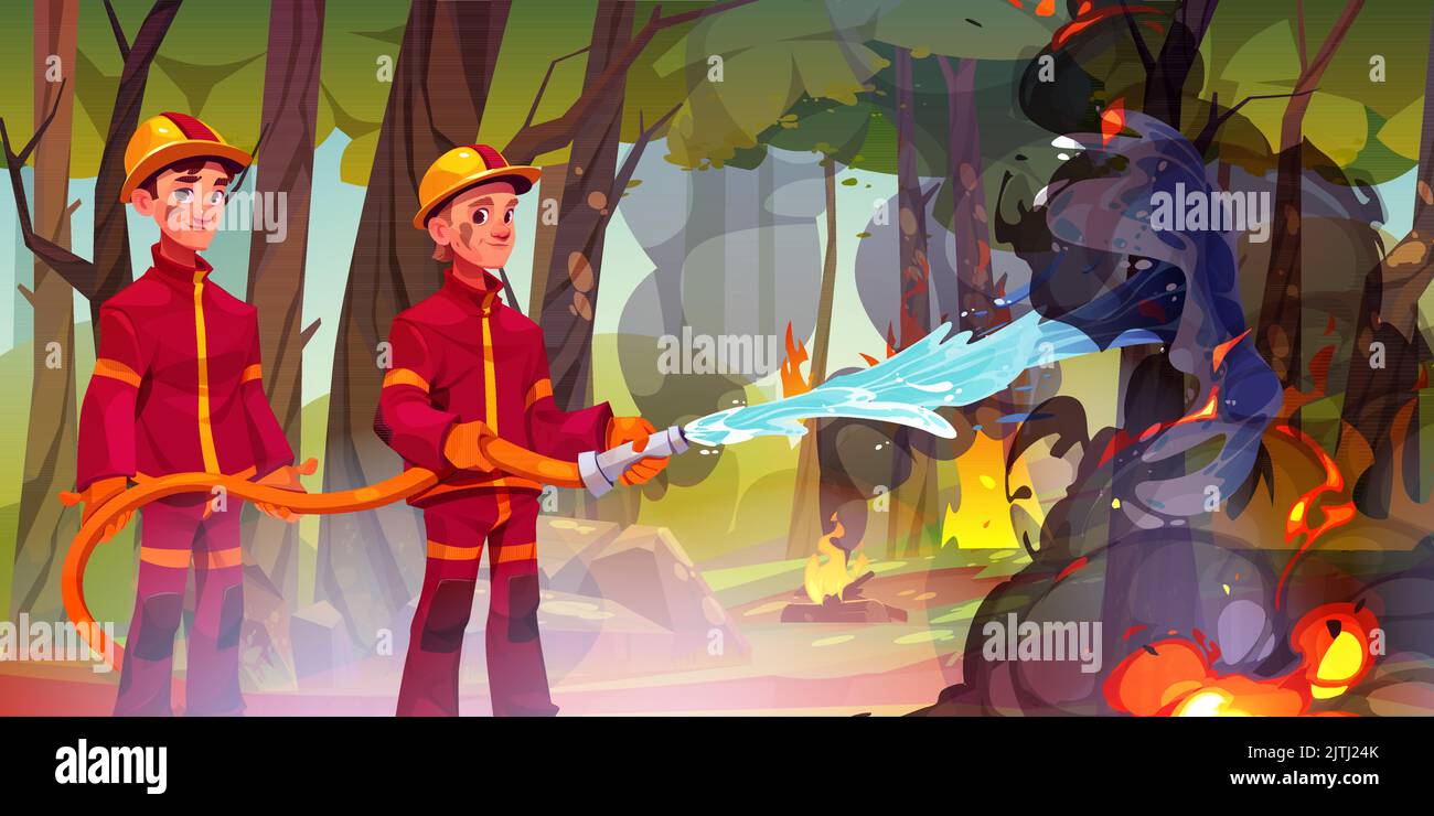 Cartoon Firemen Extinguishing Wildfire Vector Design Of Brave Firefighter Characters Wearing