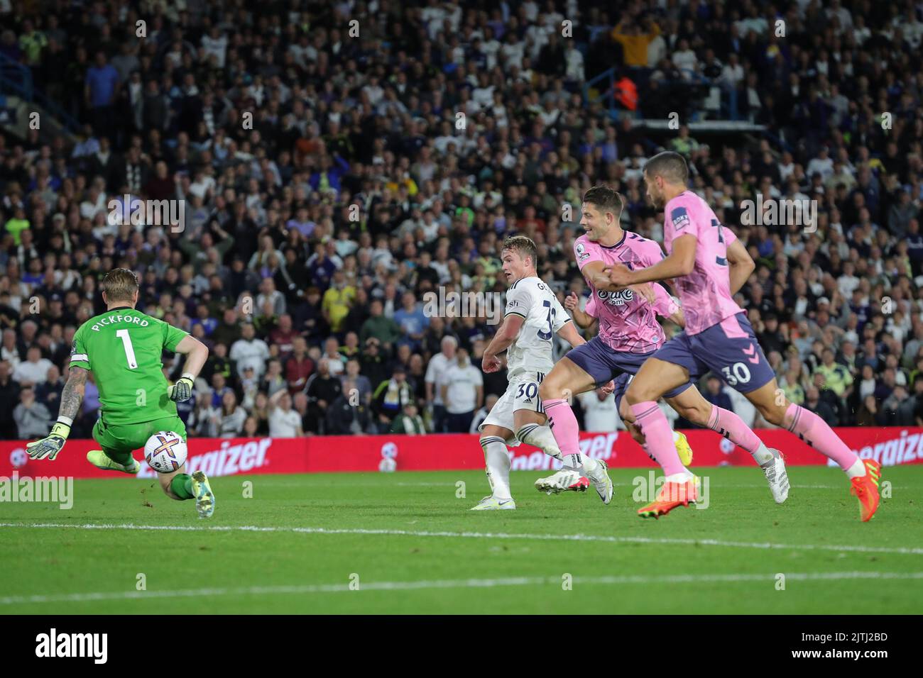 Joe Gelhardt #30 of Leeds United takes a shot but is saved by Jordan ...