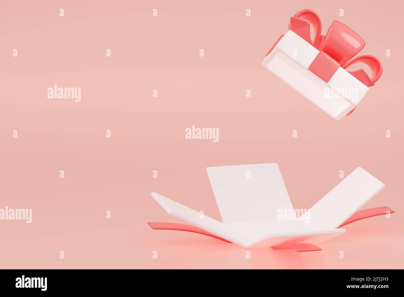 Open gift box, unfolded present package with red ribbon and bow ...