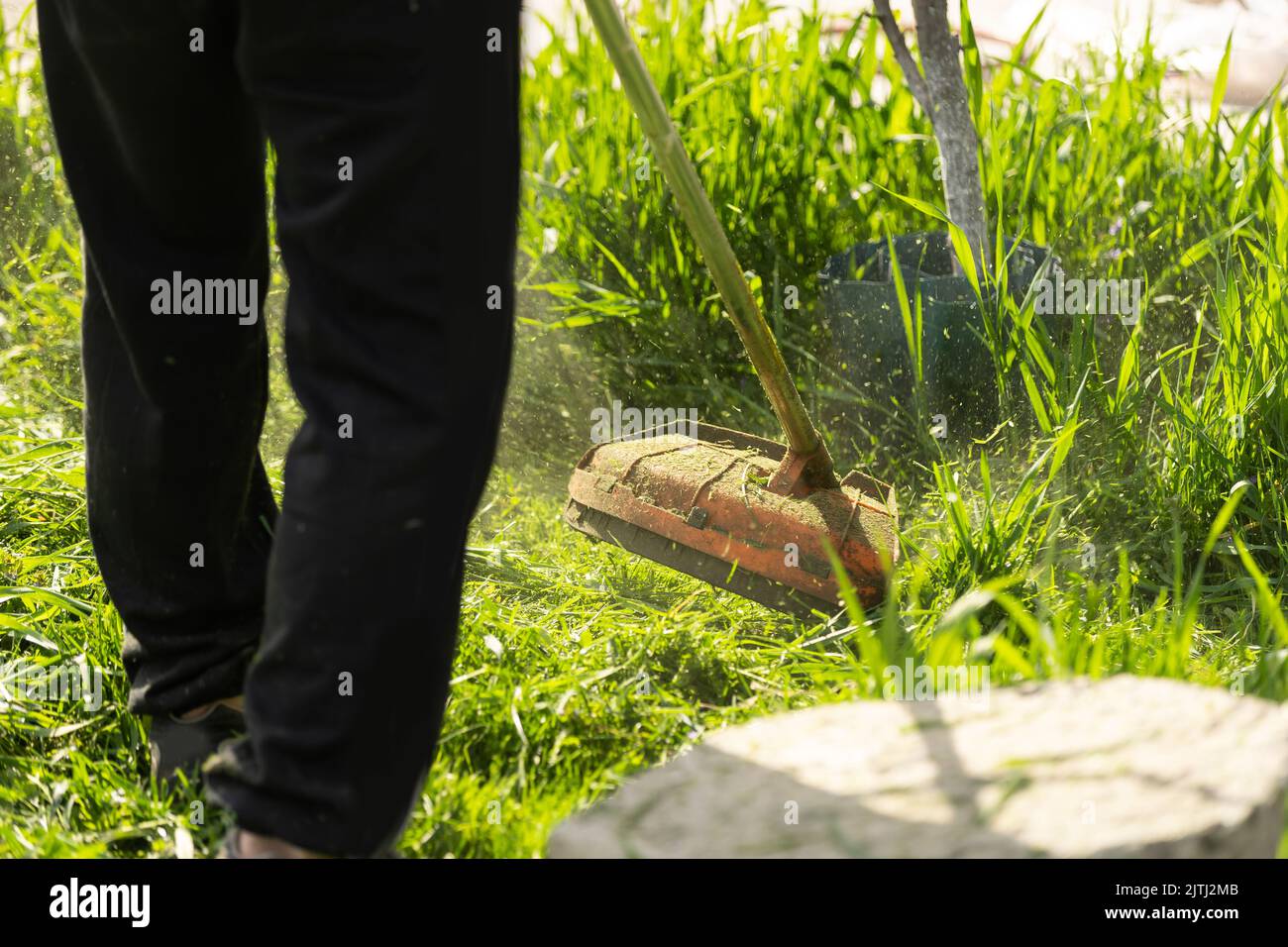 farmer mowing green grass with a scythe in the field Stock Photo - Alamy