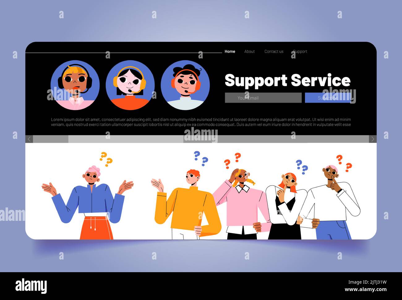 Support service banner with operators avatars and pensive people with ...