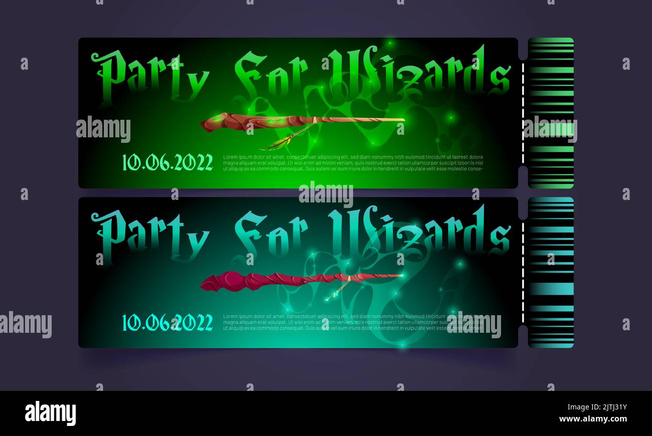 Tickets for wizards party, cartoon pass coupon templates with magic ...