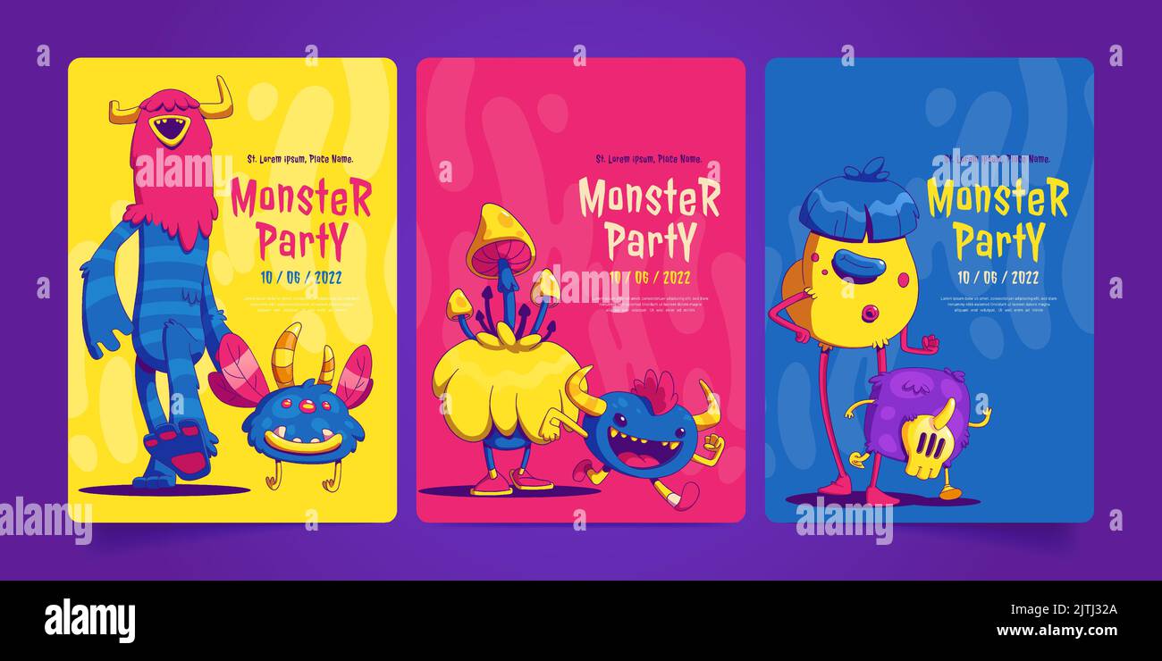 Monster party invitation flyer templates with cute contemporary fantasy ...