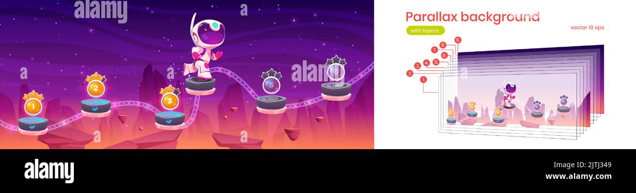 Parallax background with astronaut jump on platforms with bonus assets ...