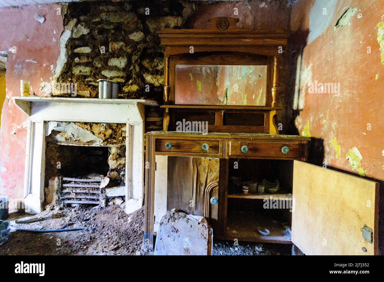 Living room inside a derelict farm house, County Galway, Ireland Stock ...