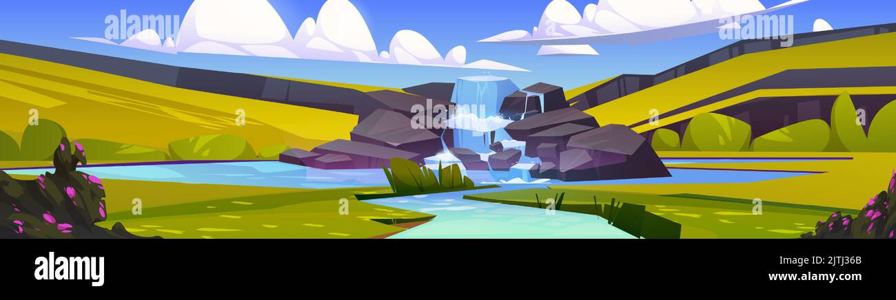 Waterfall cascade at beautiful nature cartoon panoramic landscape ...