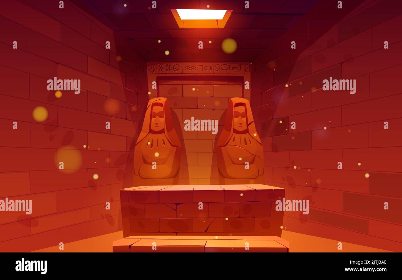 Ancient Egyptian pyramid inside. Pharaoh tomb with stone sarcophagus ...