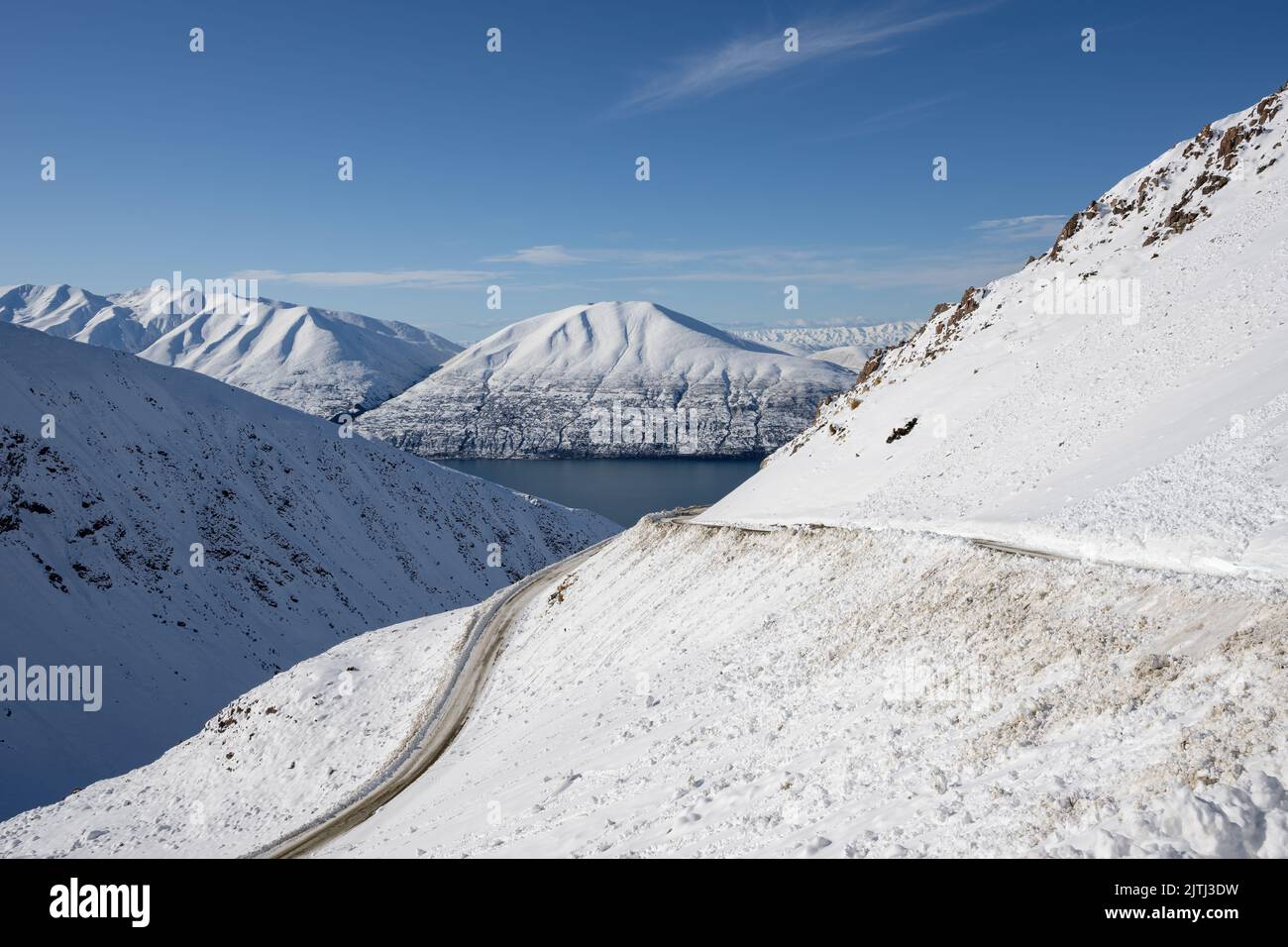 View of Ben Ohau range and Lake Ohau from the winding road to the ...