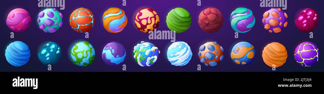 Fantasy planets and asteroids icons for space game. Fantastic colorful ...