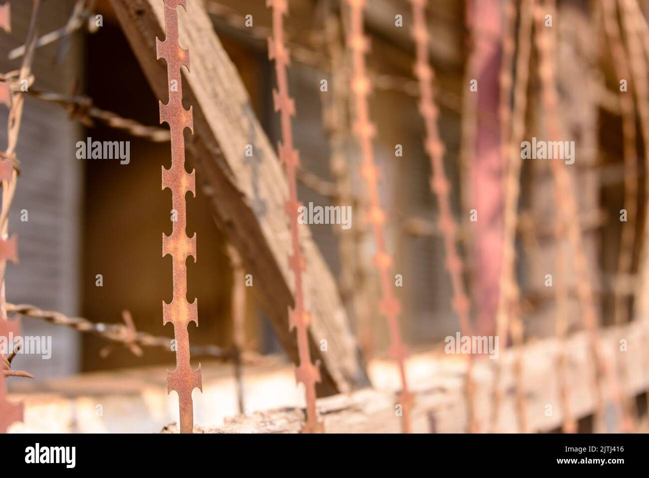 Razor wire fences at the Tuol Sleng Genocide Museum, Phnom Penh, where ...