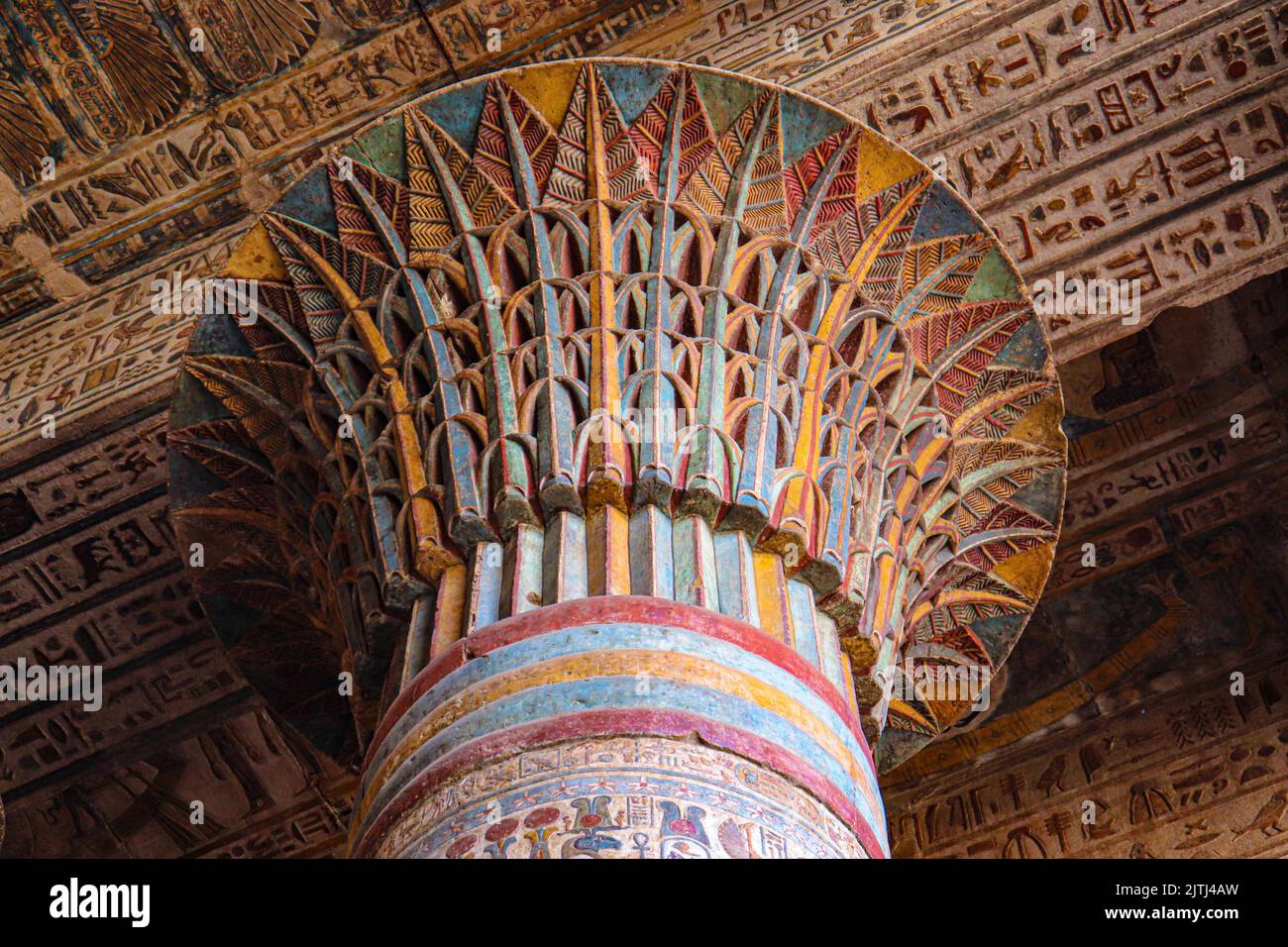 Colorful columns of the ancient Khnum temple in Esna, Luxor, Egypt ...