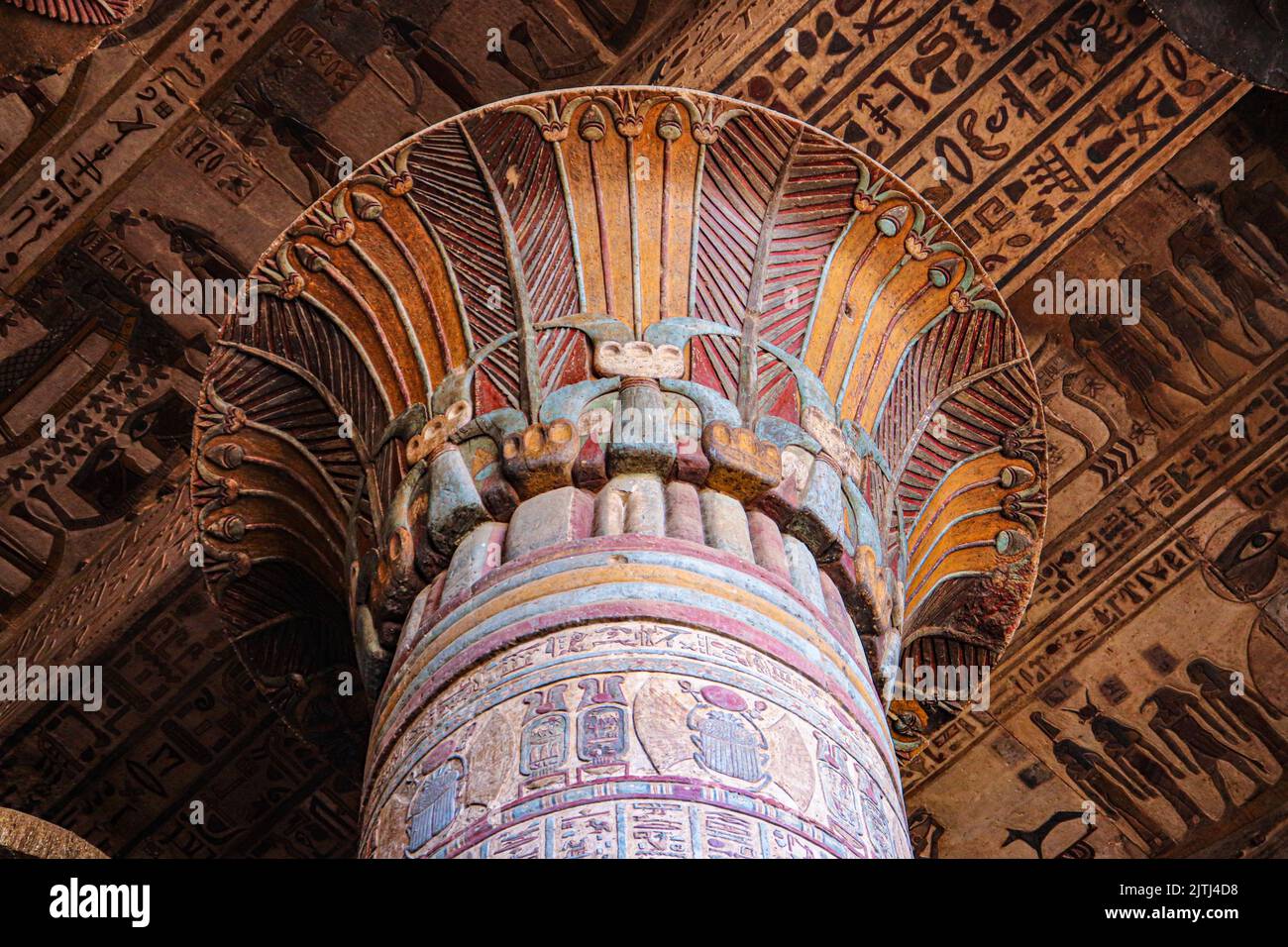 Colorful columns of the ancient Khnum temple in Esna, Luxor, Egypt ...