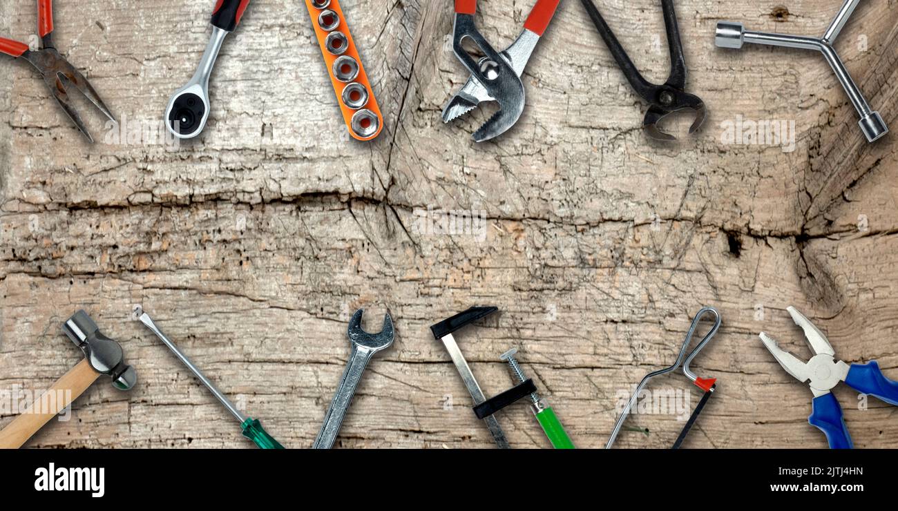 Topview different work tools hi-res stock photography and images - Alamy