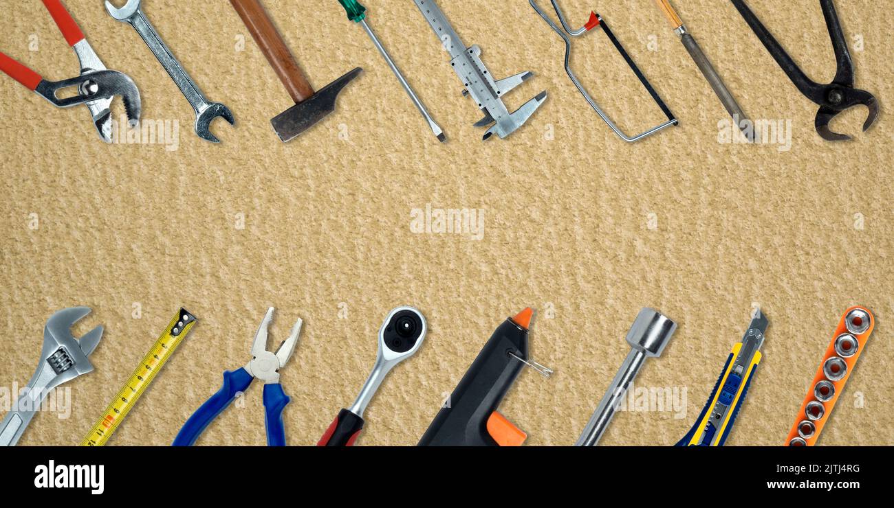 Topview different work tools hi-res stock photography and images - Alamy