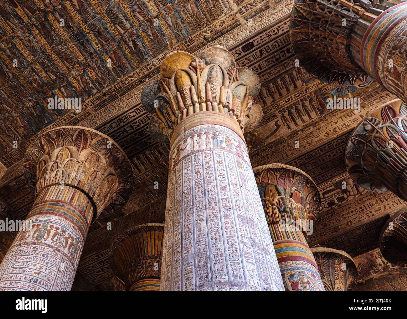 Colorful columns of the ancient Khnum temple in Esna, Luxor, Egypt ...