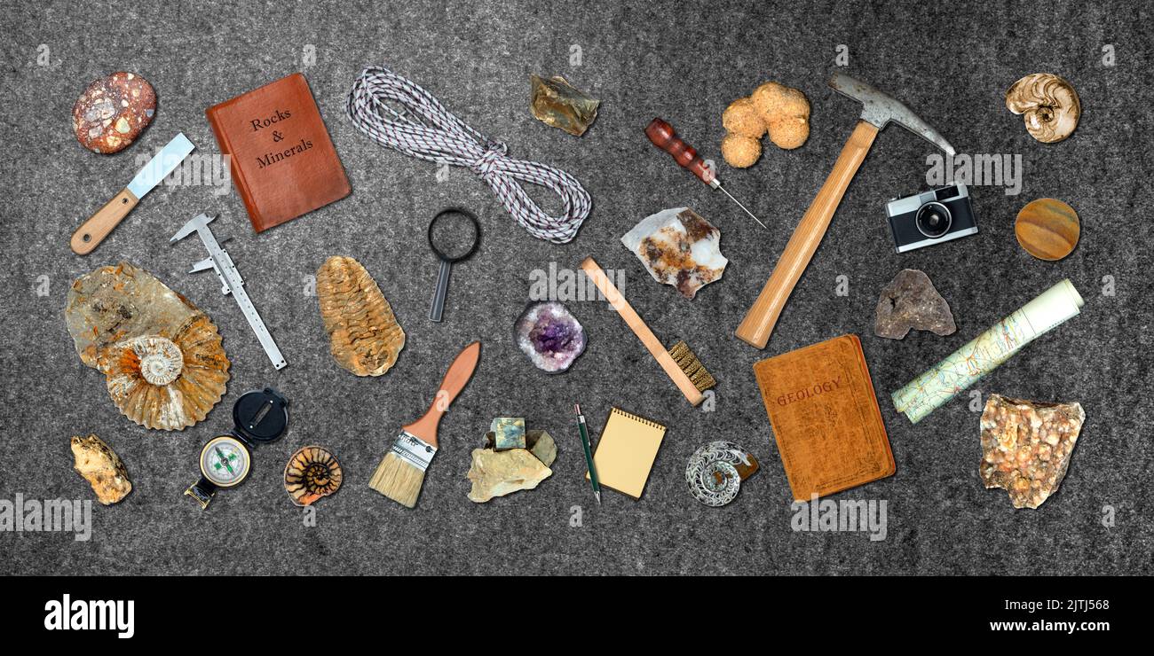 Topview of Set Fieldwork Geology Tools on Dark Background Stock Photo ...