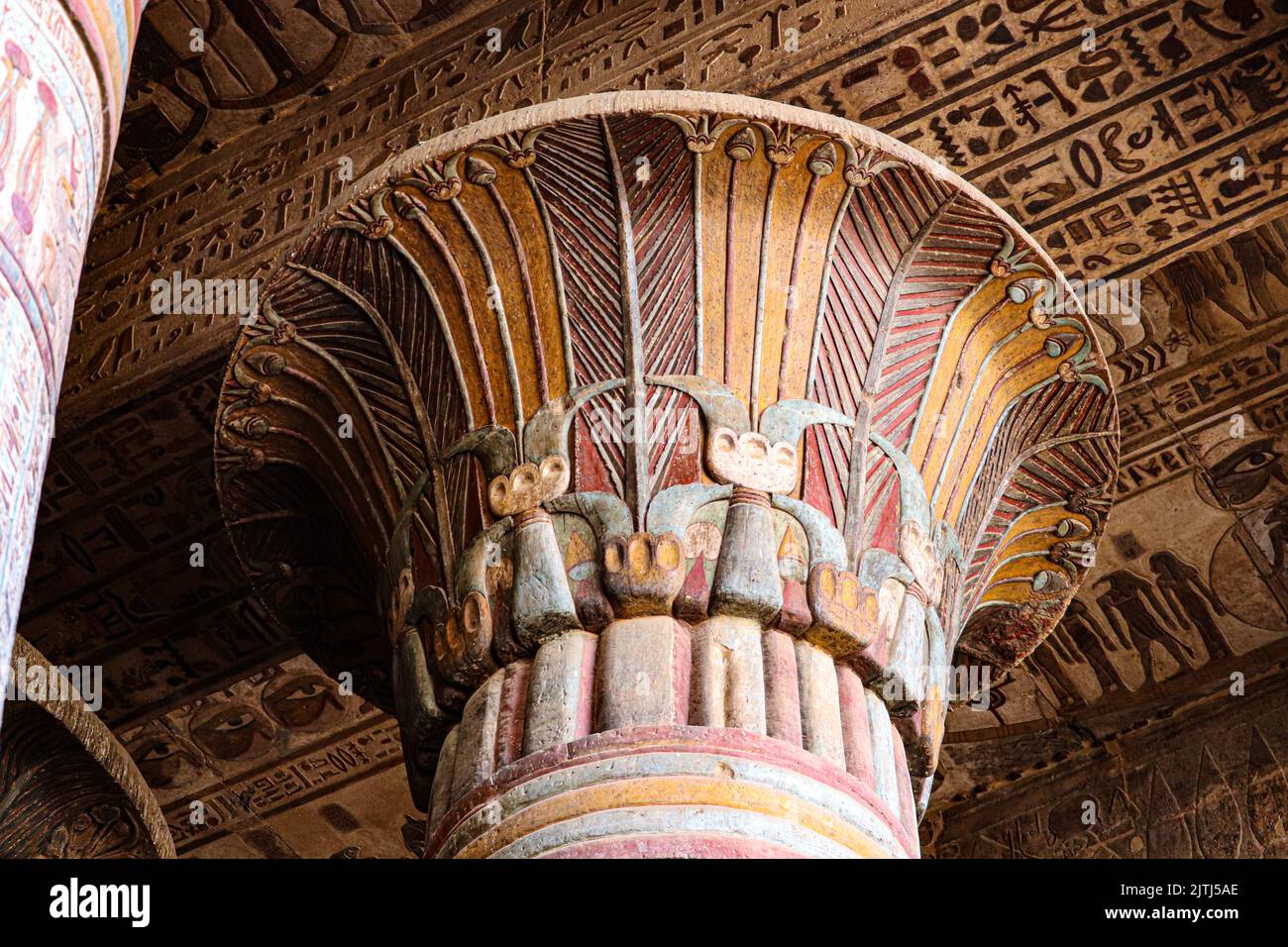 Colorful columns of the ancient Khnum temple in Esna, Luxor, Egypt ...