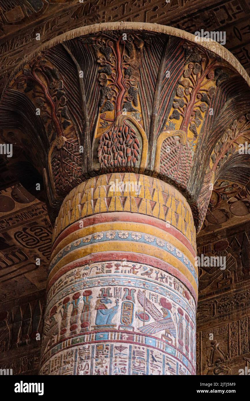 Colorful columns of the ancient Khnum temple in Esna, Luxor, Egypt ...