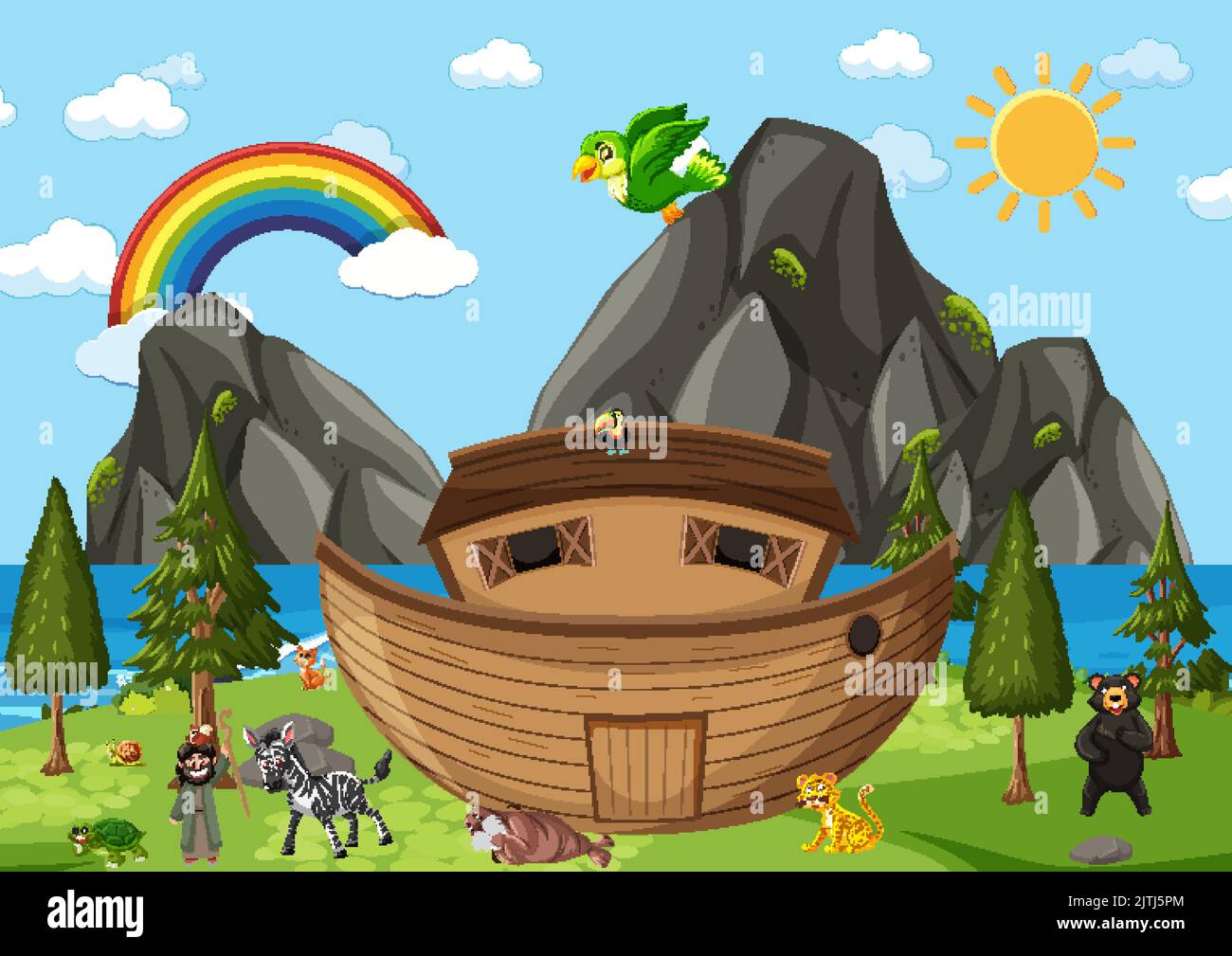 Noah's Ark with wild animals in nature scene illustration Stock Vector ...