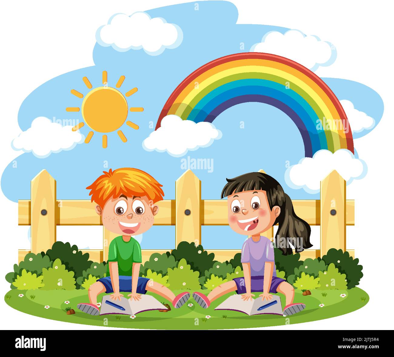Two kids reading book cartoon character illustration Stock Vector Image ...