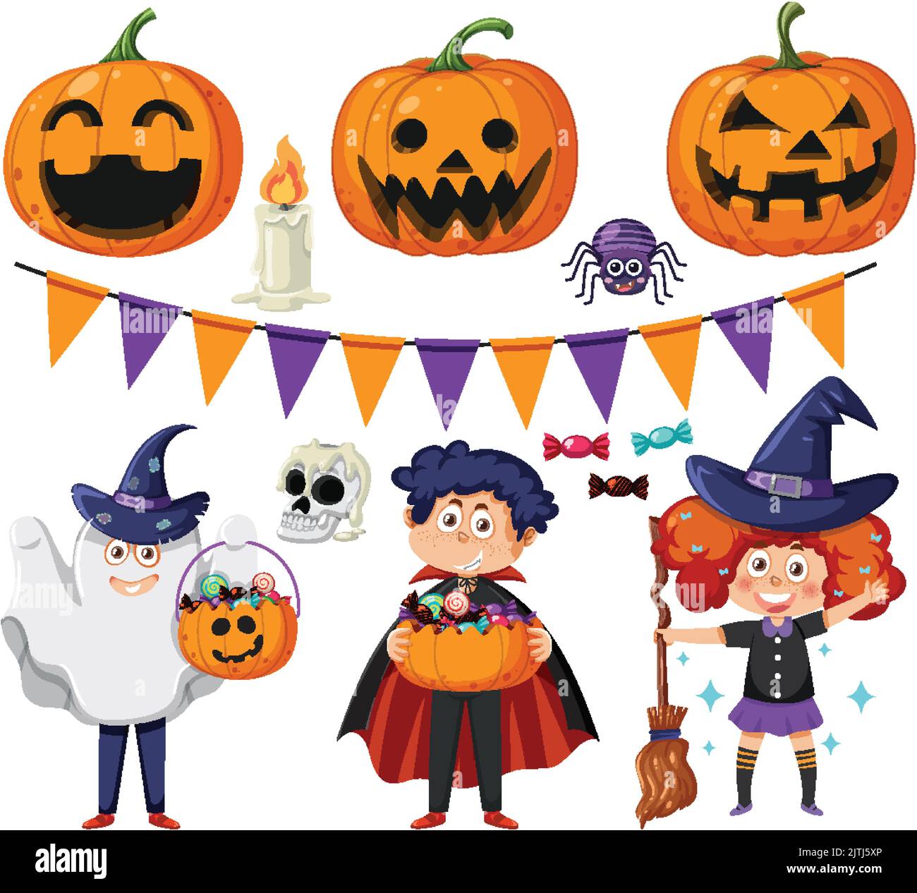 Set of halloween cartoon characters and elements illustration Stock ...