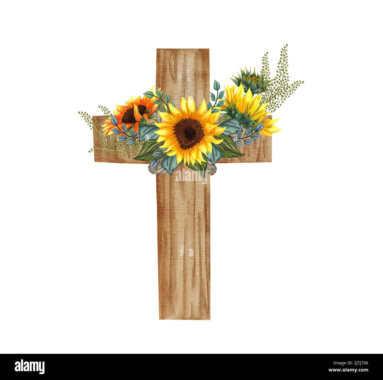 Sunflower floral cross. Easter illustration. Watercolor Wedding Cross ...