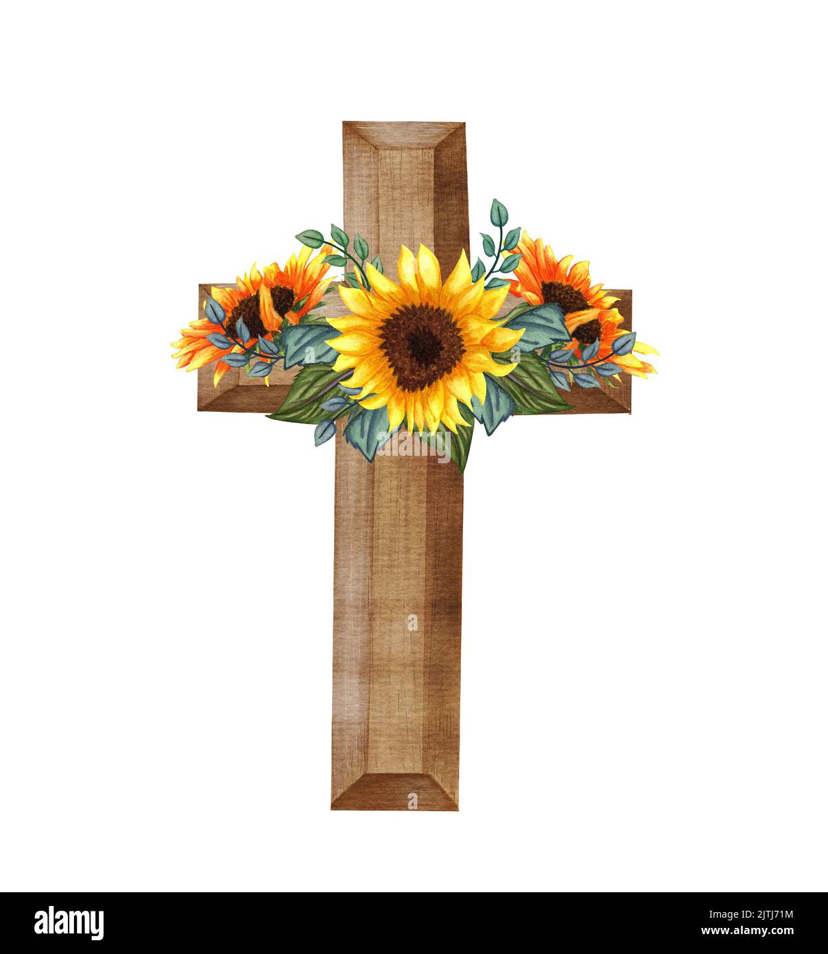 Sunflower floral cross. Easter illustration. Watercolor Wedding Cross ...
