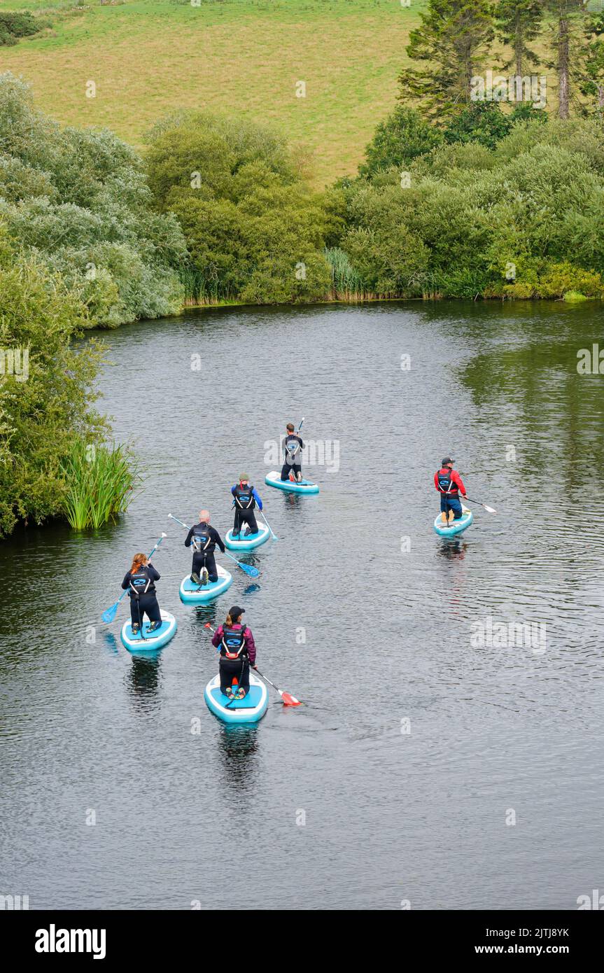 Paddle boarders on a river Stock Photo - Alamy