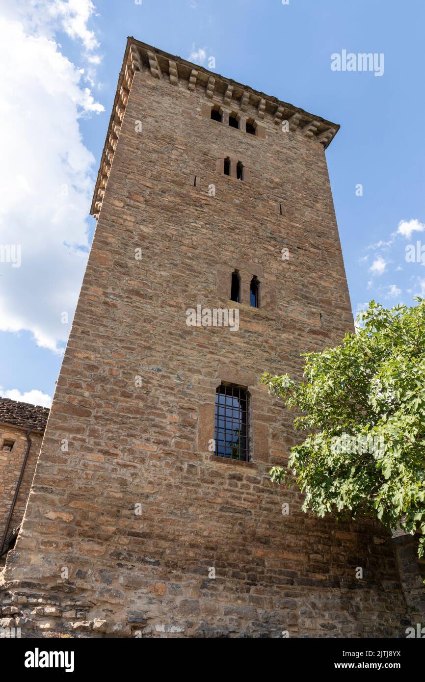 medieval defensive tower in the town of oto in the aragonese pyrenees ...