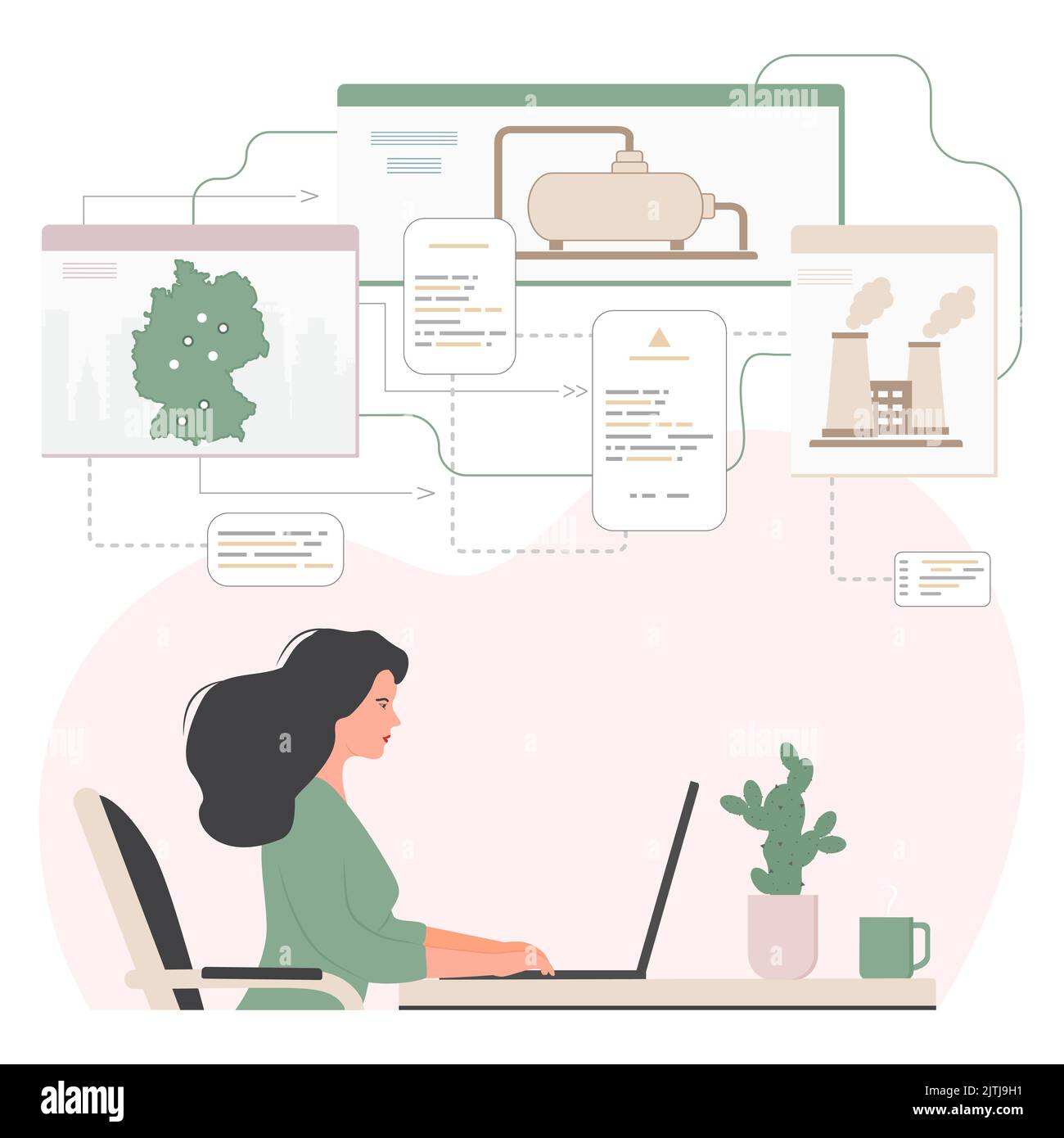 Vector illustration Girl working at computer. Global Logistics service ...