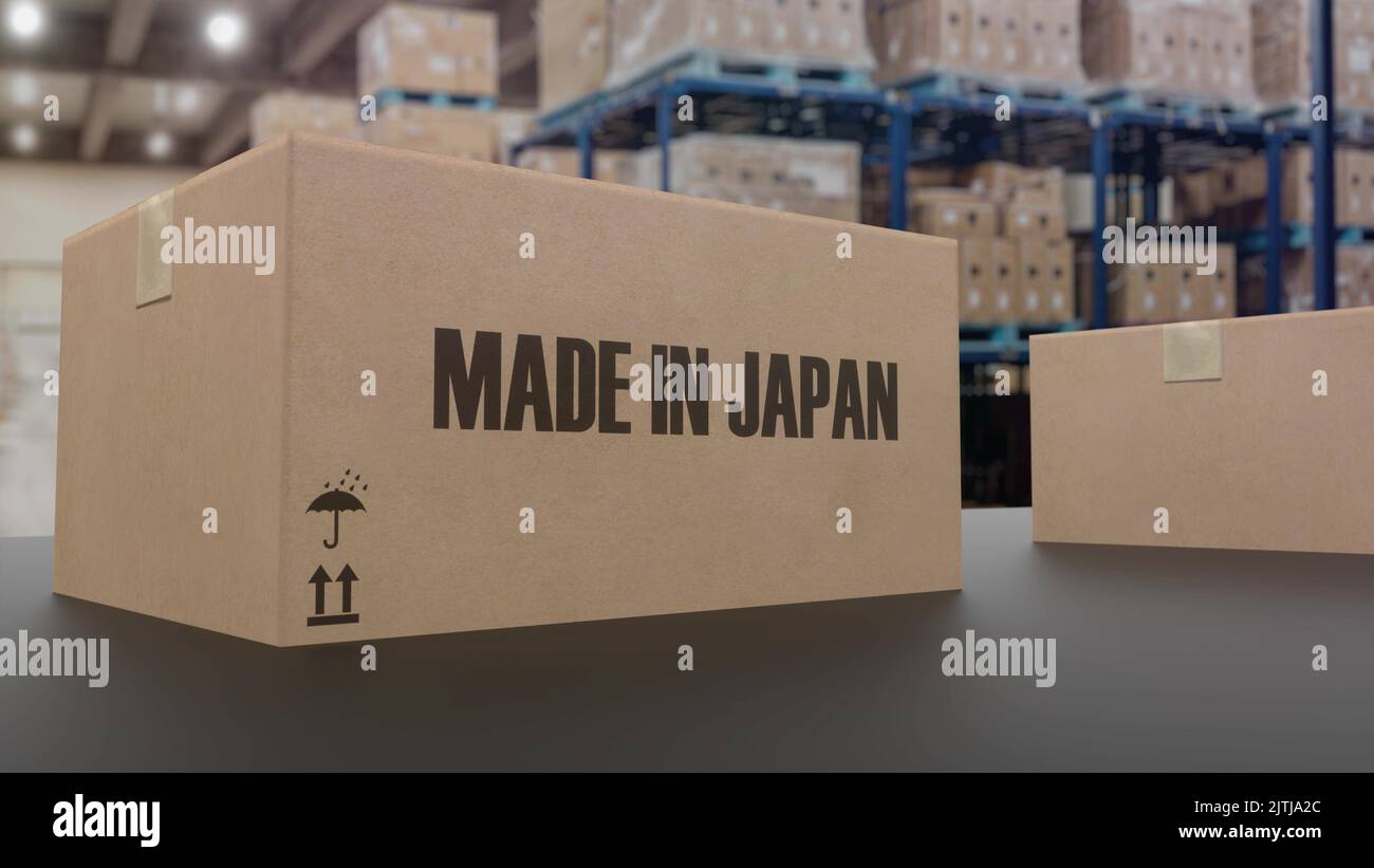Boxes with MADE IN JAPAN text on conveyor. 3d illustration Stock Photo ...
