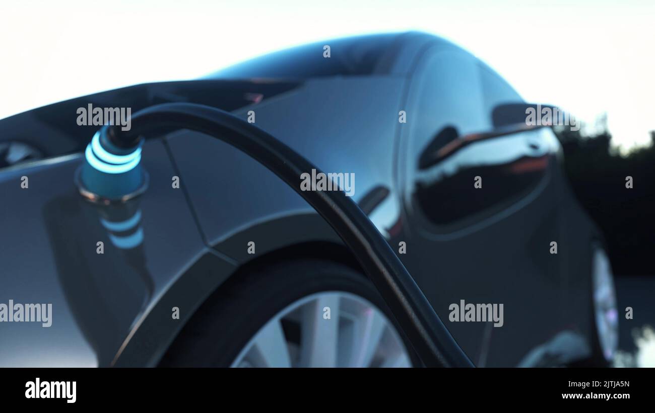 Electric car charging. Electric vehicle charging port plugging in car ...