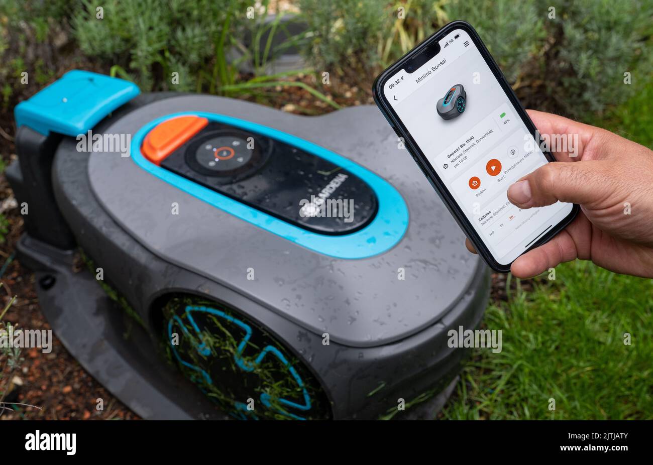Ulm, Germany. 31st Aug, 2022. A Gardena robotic mower is controlled in ...