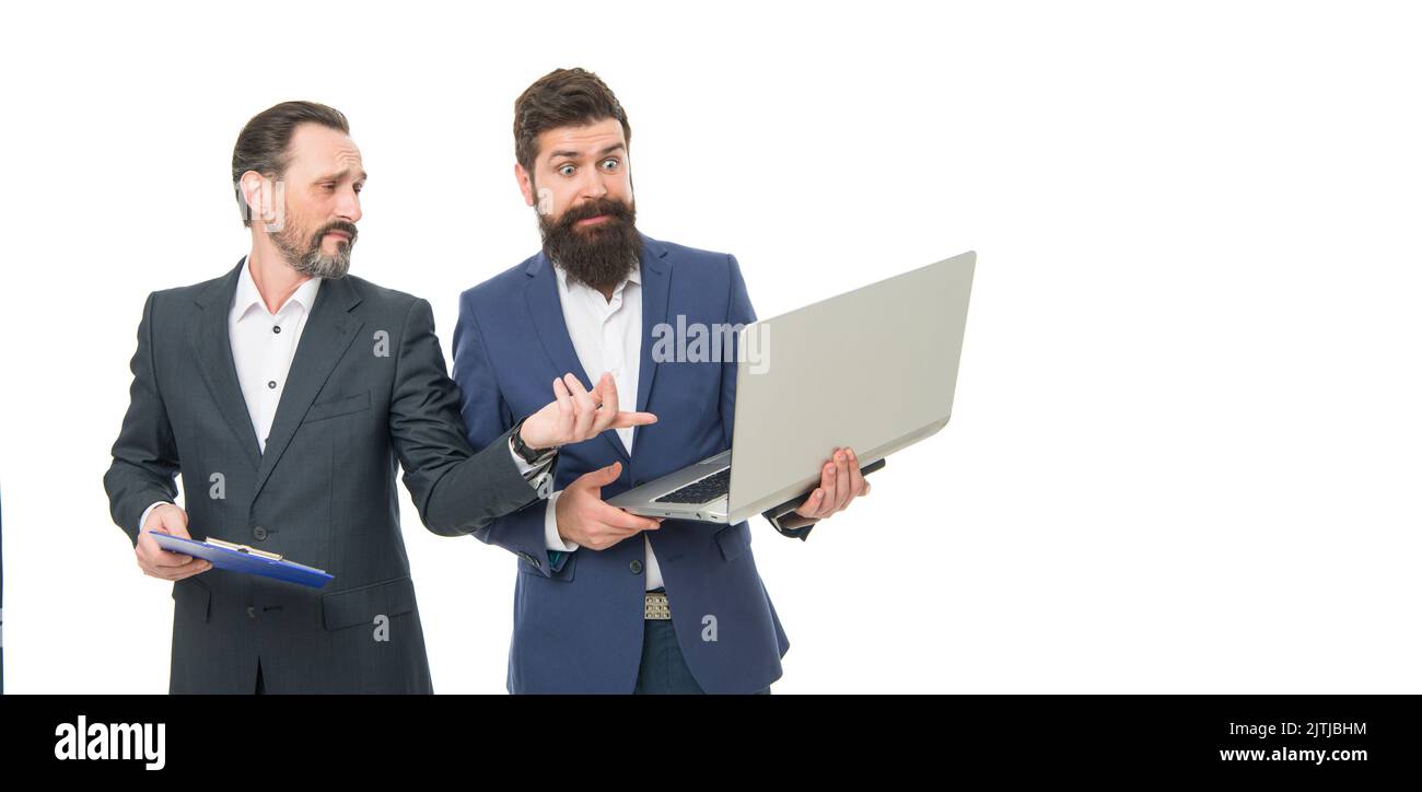 Communicate and exchange information. Businessmen work on computer ...