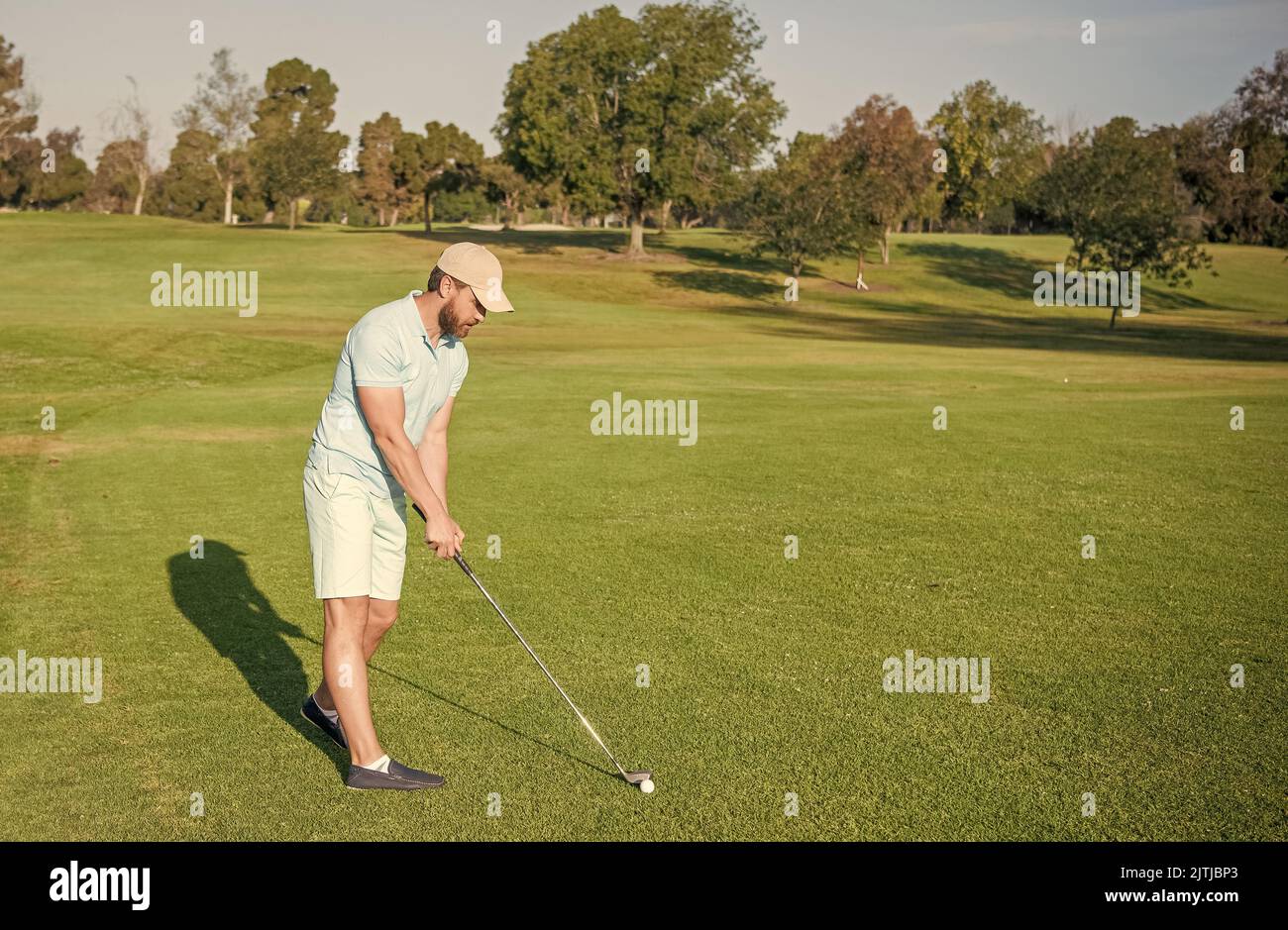 man playing golf game on green grass, copy space, golf player Stock ...