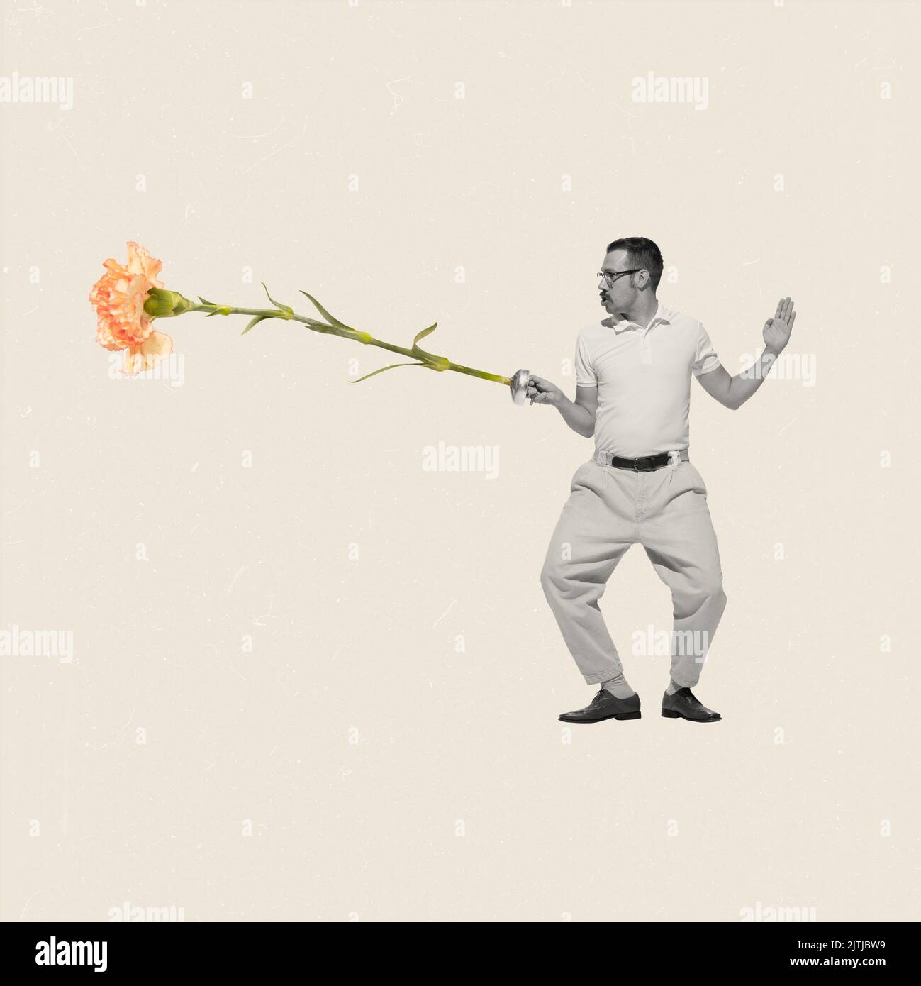 Contemporary art collage. Stylish young man fighting in a jump on ...