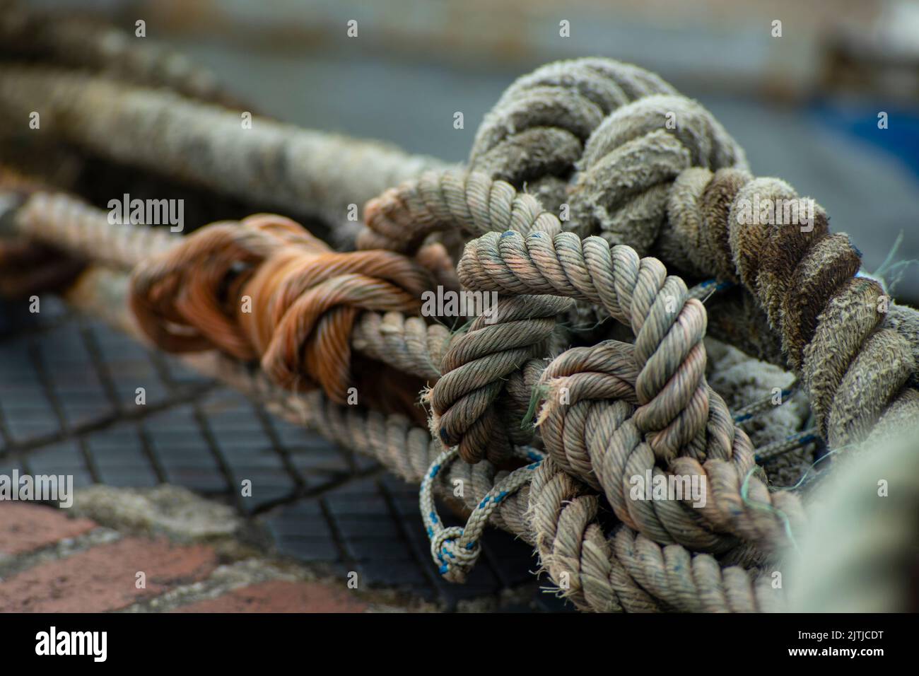 Rope line for a boat, ship or yacht is tied to the dock, in order to ...