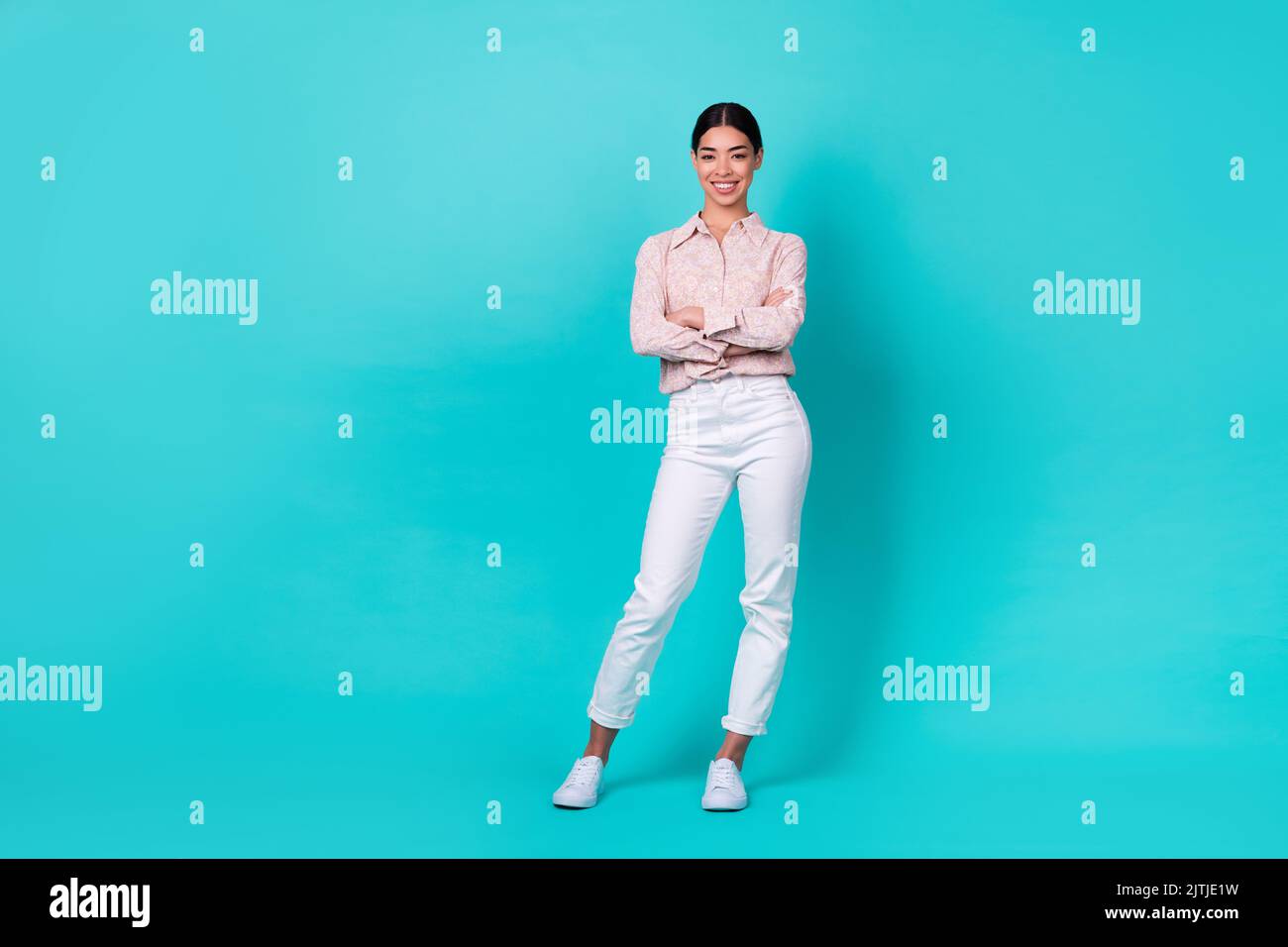 Full size portrait of gorgeous positive person folded hands toothy ...