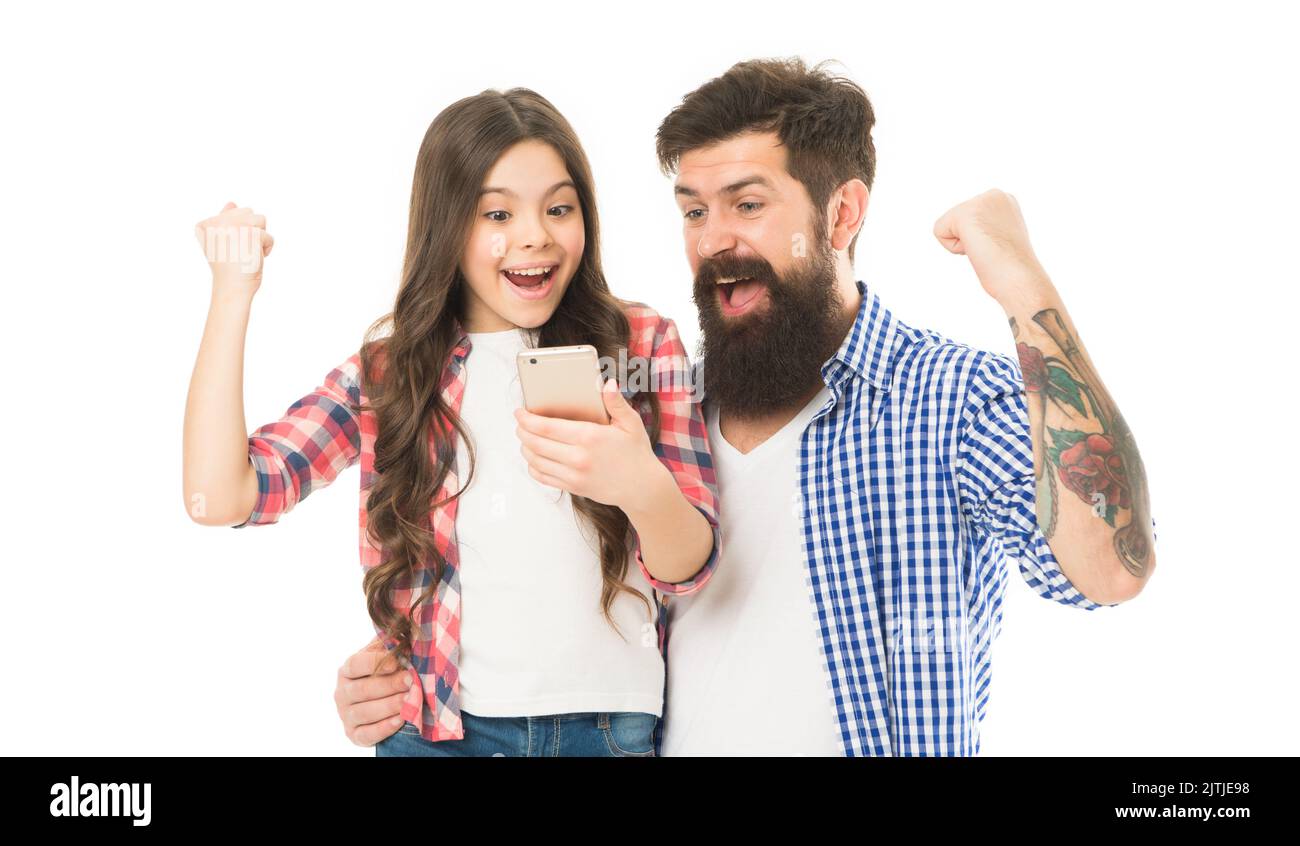 Modern technology. Little girl with father. Small child and dad explore ...