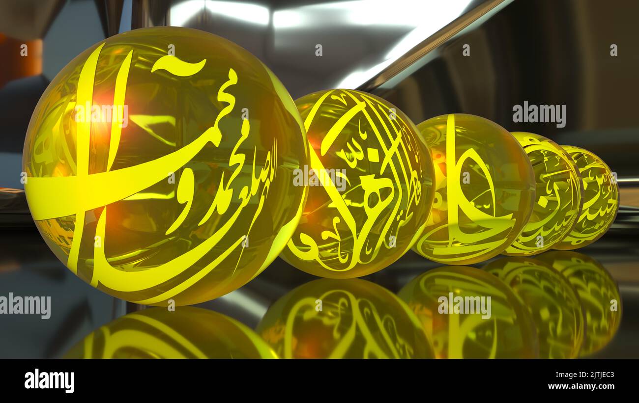 Names of the five holiest figures in Shia Islam. Muhammad, Fatima, Ali ...