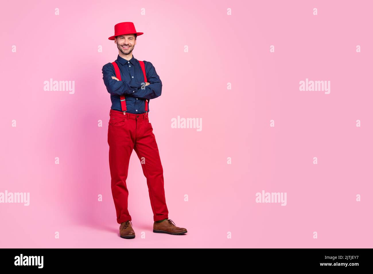 Full length photo of young attractive handsome stylish wear guy red hat ...