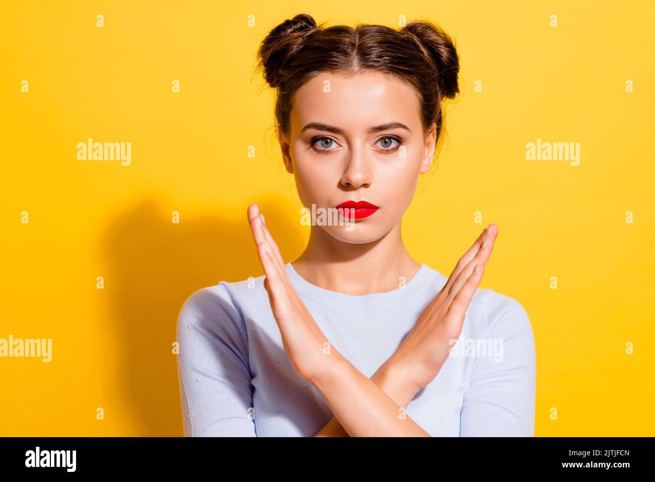 Photo of strict lady crossing arms x sign blocking wrong danger way ...