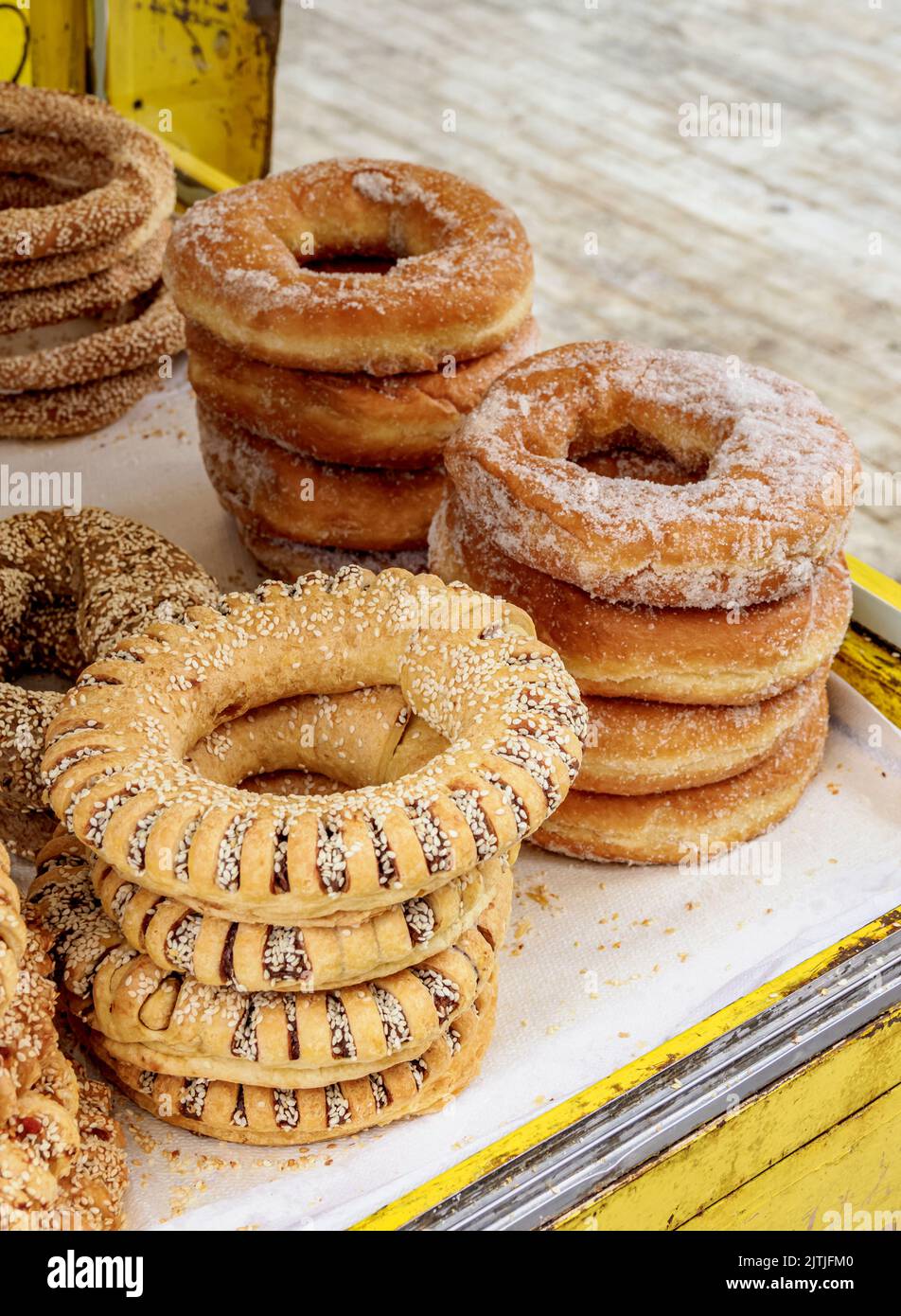 Piles of Koulouri, Simit, Sesame Circular Bread, Athens, Attica, Greece ...