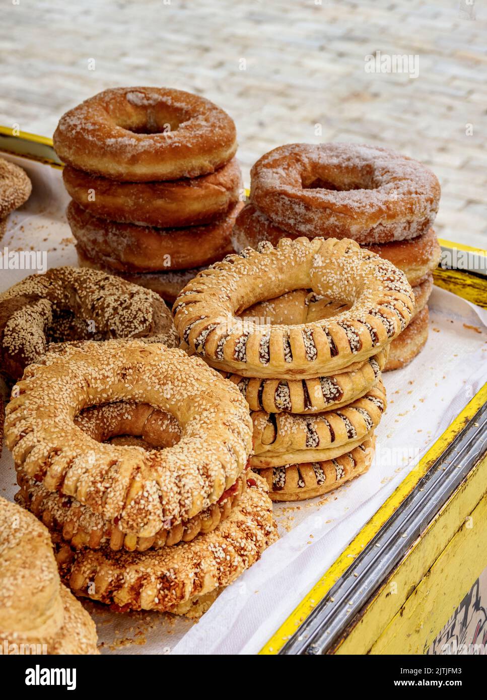 Piles of Koulouri, Simit, Sesame Circular Bread, Athens, Attica, Greece ...