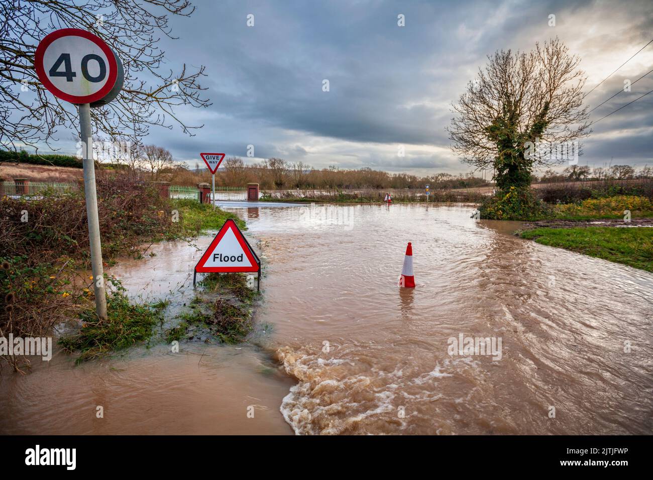 The flooded Bow Brook in Worcestershire in the winter, England Stock ...