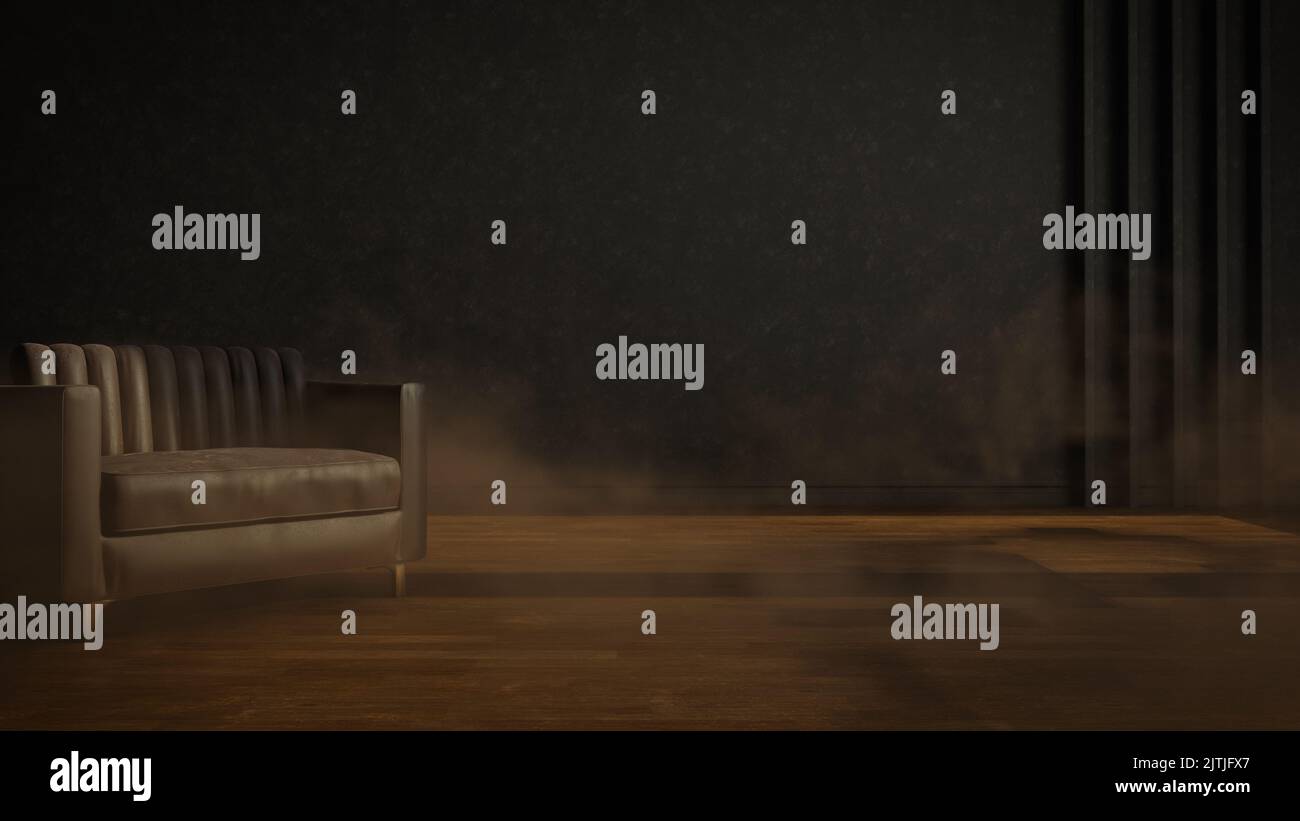 Grungy Smoke Living Room with Sofa Brown Vintage Gloomy 3D Render Stock ...