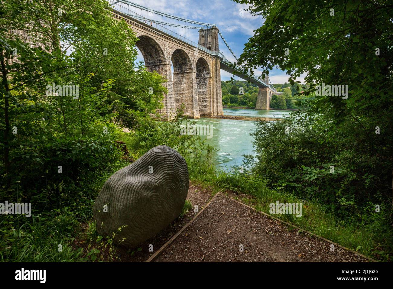 The Anglesey Coastal Path Marker 'Circumnavigation' next to the Menai ...