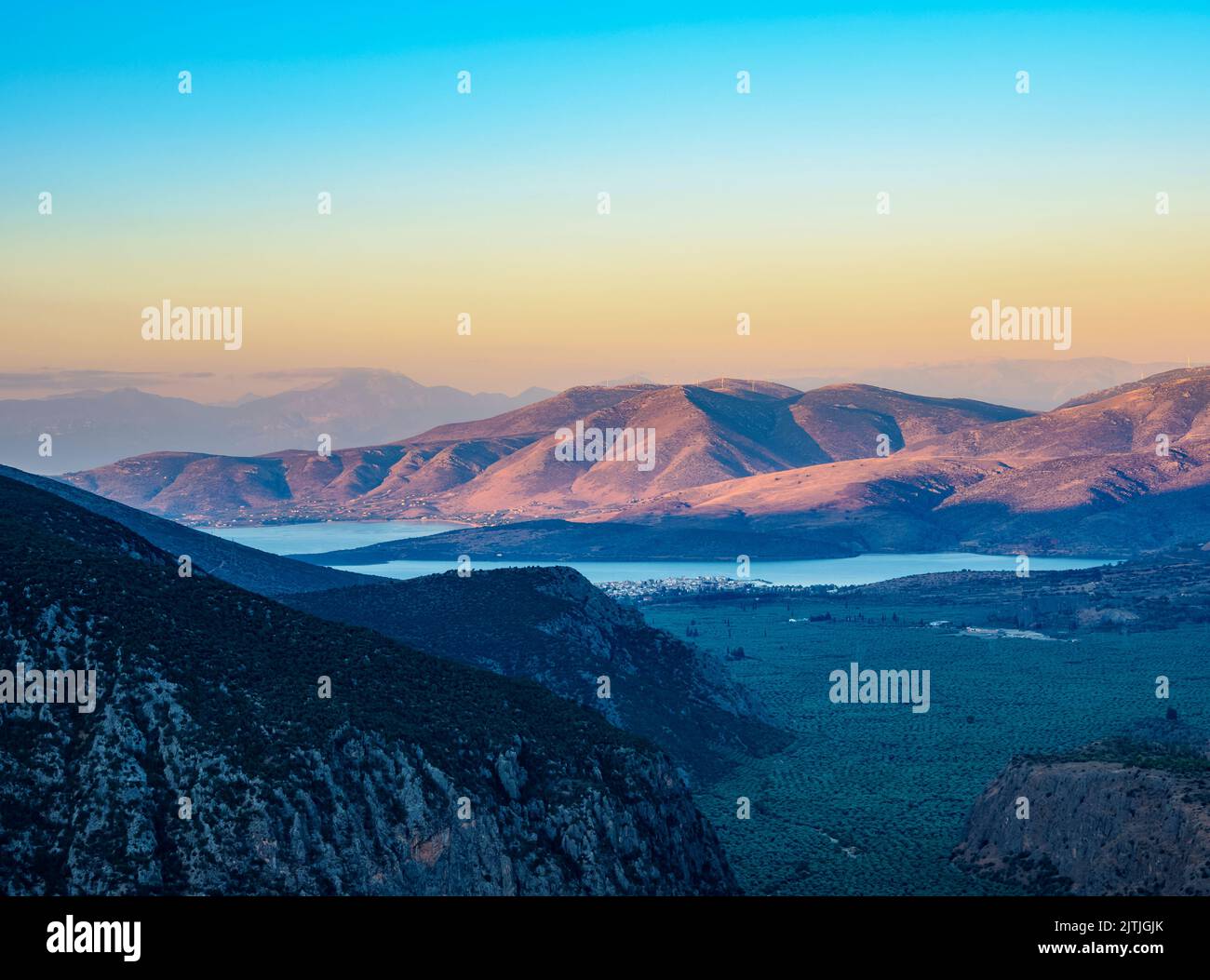 View over the Pleistos River Valley towards the Gulf of Corinth at ...
