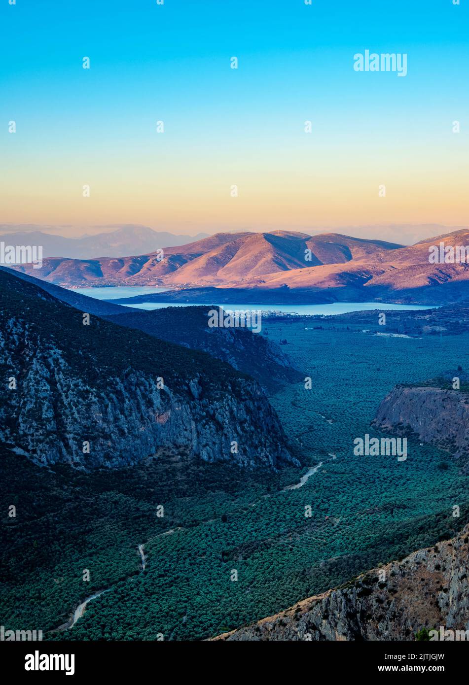 View over the Pleistos River Valley towards the Gulf of Corinth at ...