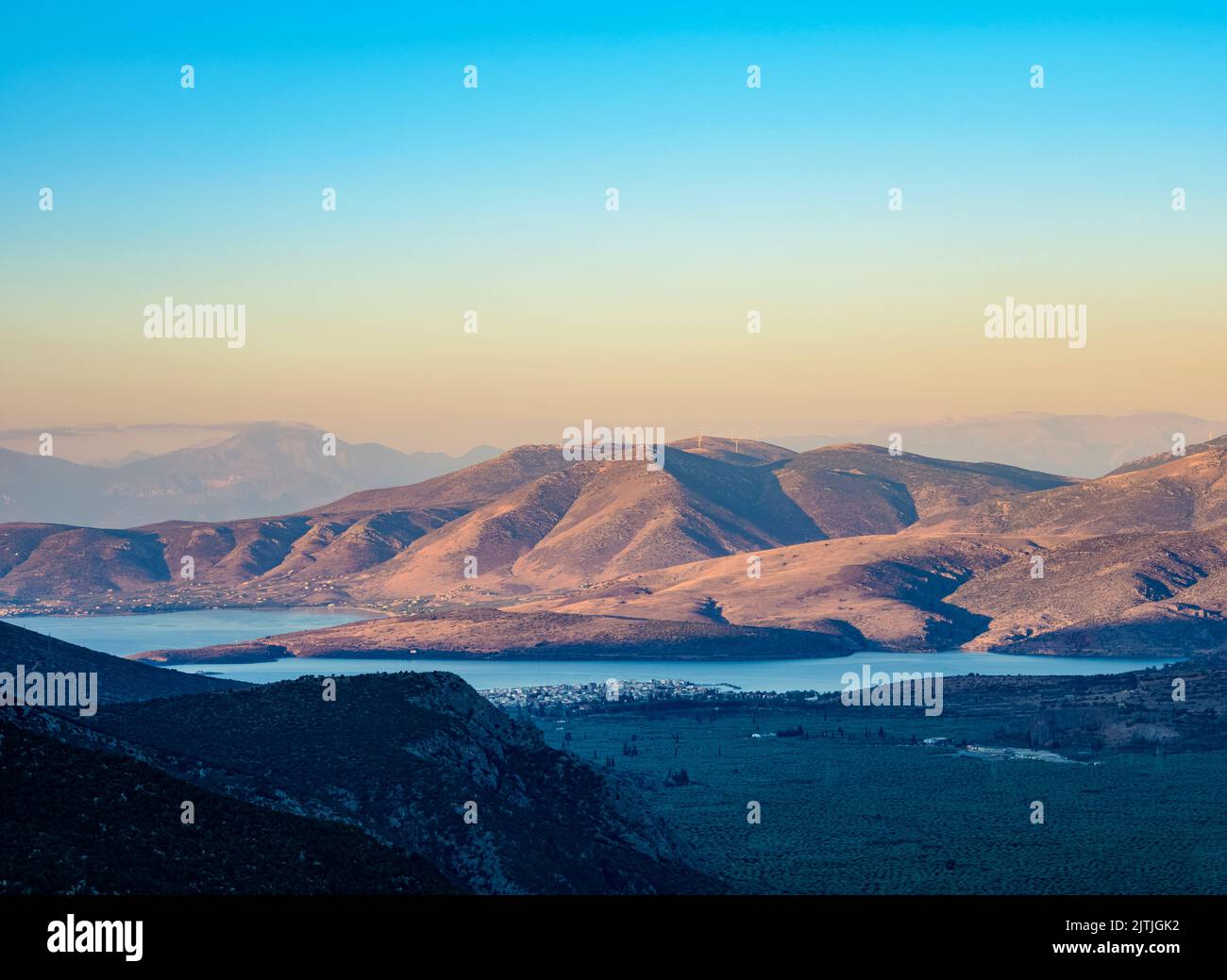 View over the Pleistos River Valley towards the Gulf of Corinth at ...